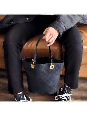 Gucci | Bags | Gucci Black Gg Monogram Canvas Leather Trim Tote | Poshmark